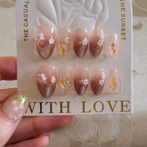 Red Cat Eye French Tips Rhinestone Press on Nails |red Almond False ...