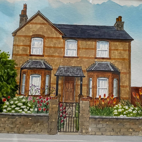Medium Hand Painted House or Building Portrait Painting in Watercolour ...