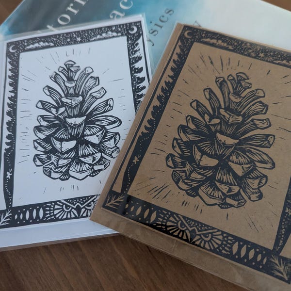 Original Linocut Print Solstice Card- Pinecone With Forest Night Border ...
