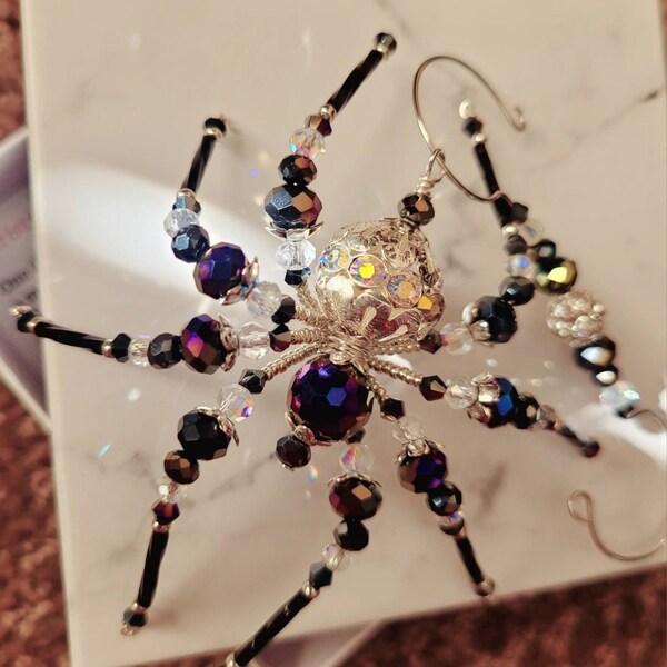 Silver Filigree Beaded Christmas Spider Faceted Black AB Clearglass ...