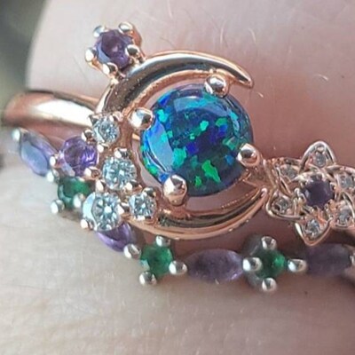Round Opal Ring Vintage Cluster Amethyst Ring Rose Gold Unique Moon Engagement Ring Retro Star ...