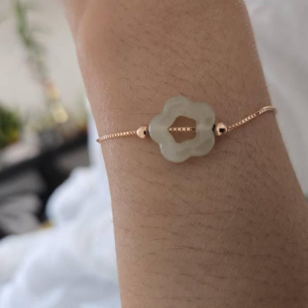 Natural Green Jade Flower Bracelet, Sterling Silver Bracelet With ...