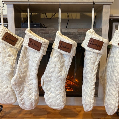 Personalized Cable Knit Stockings for Christmas, Stockings With Leather ...