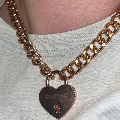 Engraved Lock Necklace, Lightweight Cuban Link Choker, Day Collar, Lock ...