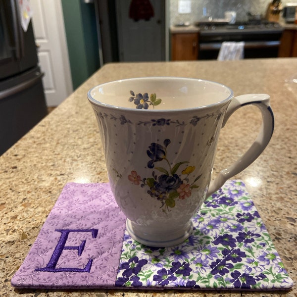 Monogrammed Mug Rug, Embroidered Mug Rug, Floral Mug Rug, Personalized ...