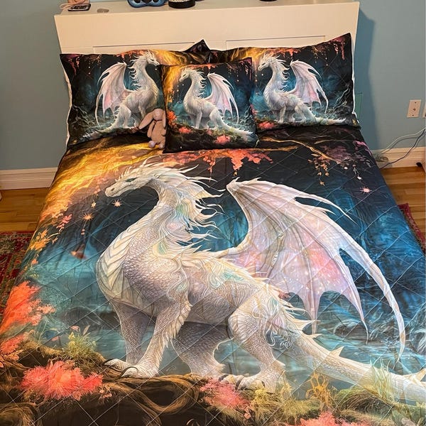 Mystical White Dragon Bedding Set, Gothic Dragon Decor, Fantasy Dragon ...