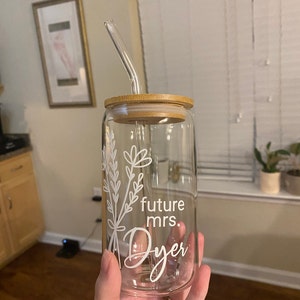 Personalized Future Mrs Glass Can Cup Floral, Custom Engagement Gift ...