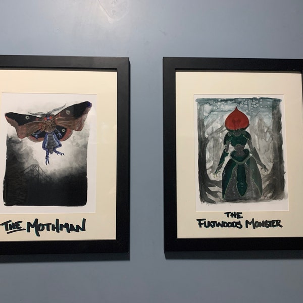 Mothman and the Flatwoods Monster Art Print Set. West Virginia Folk Art ...