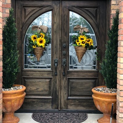 Sunflower and Ivy Spring Summer Front Door Flat Hanger Basket Wreath ...