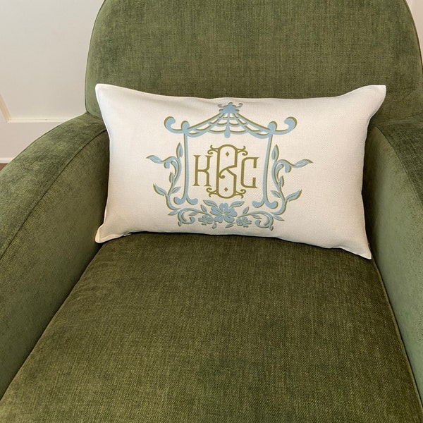 MONOGRAM PILLOW COVER, Coastal Blue and Grove Green Pagoda Frame ...