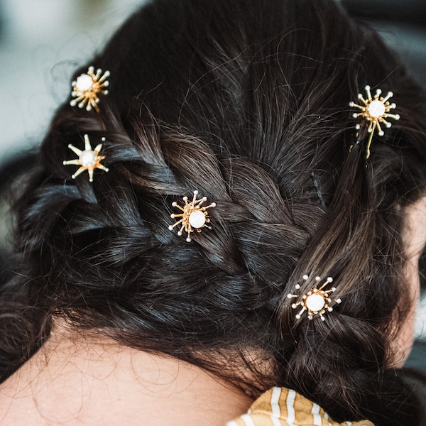 Celestial Star Hair Pins, Gold Starburst Bobby Pins, Pearl Bridal ...