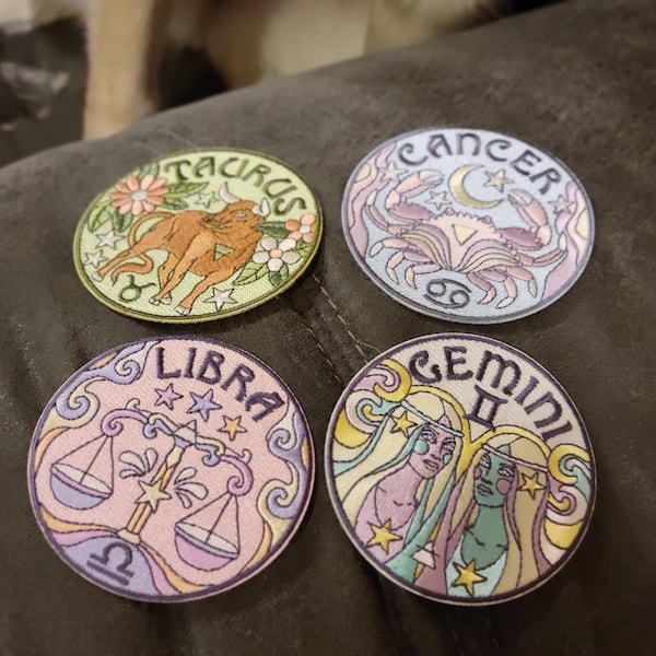 Zodiac Iron on Patch - 70s Art Nouveau Boho Embroidered Patches - Aries ...