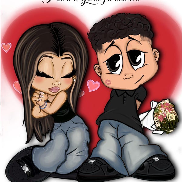 Y2k Custom Cartoon Chicano Couple Digital Art Portrait, Anniversary ...