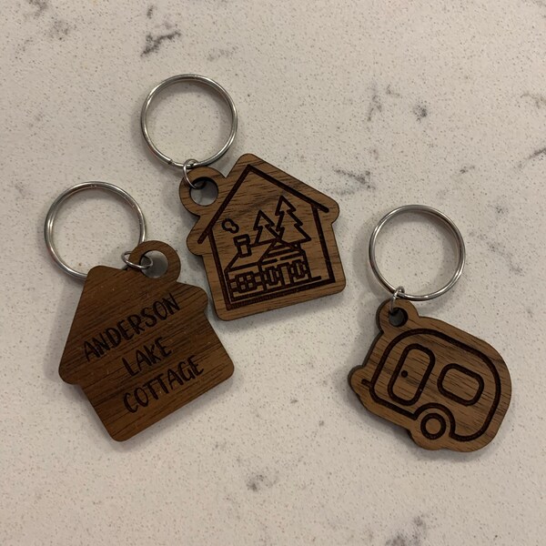 Wood Cabin Keychain - Custom Engraved Keychain - Vacation Home Gift ...