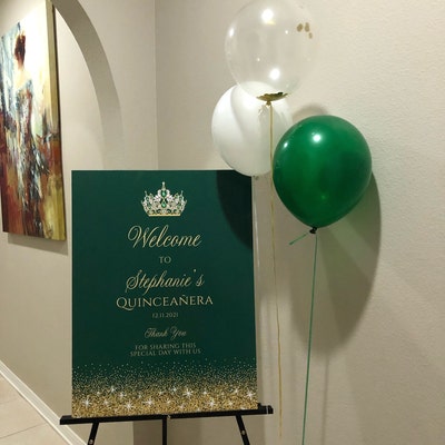 Green and Gold Welcome Sign, Printable Sign, Gold Glitter Party Sign ...