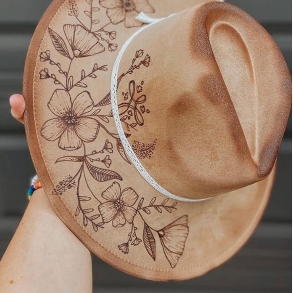 Hand Burned Custom Wide Brim Fedora Hat Floral, Flower, Sunflower, Summer, Derby, Concert ...