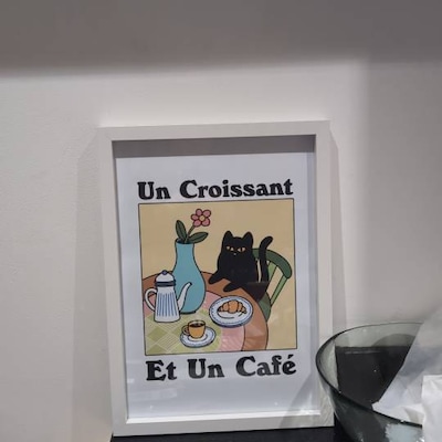 French Cafe Croissant Cat Print, Retro Drink Poster, Bistro Coffee ...