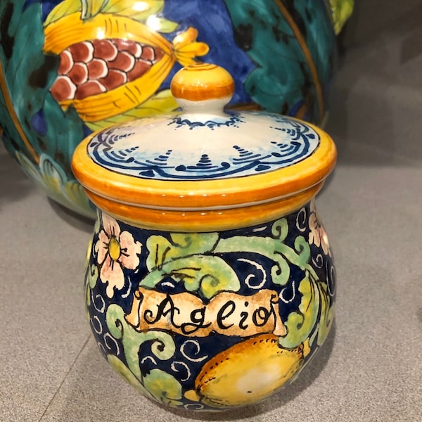 Italian Ceramic Brings Garlic Jar Holder Hand Painted Decorated Lemons ...