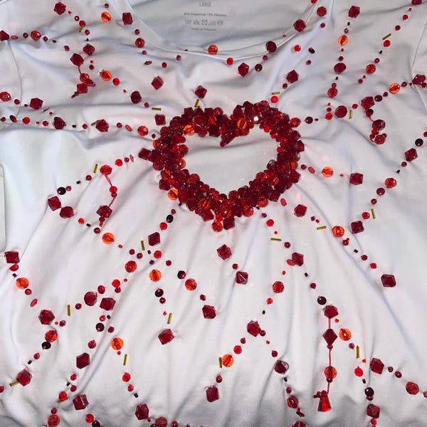Missing Heart Cut Shirt, Bead Embroidered Heart Low-cut White Crop ...