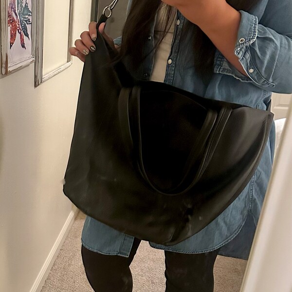 Black OVERSIZE SHOPPER Bag - Large Leather Tote Bag - Big Shoulder Bag ...