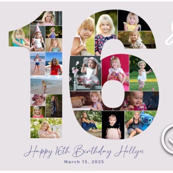 16th Birthday Photo Collage, 16th Birthday Gift, Birthday Number 16 ...