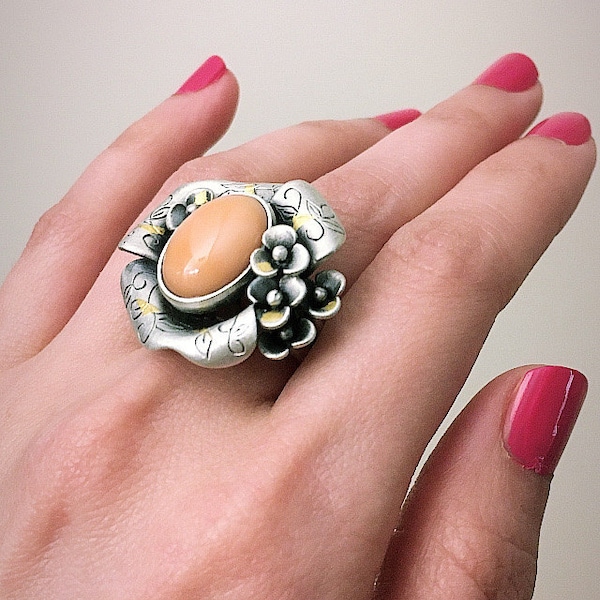 Peony Blossom Momo Coral Ring - 14K Yellow Gold, Natural Carved Momo ...