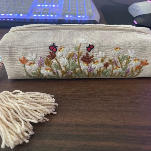 Hand Embroidered Pencil Case With Flower Embroidery, Pen Case, Floral ...