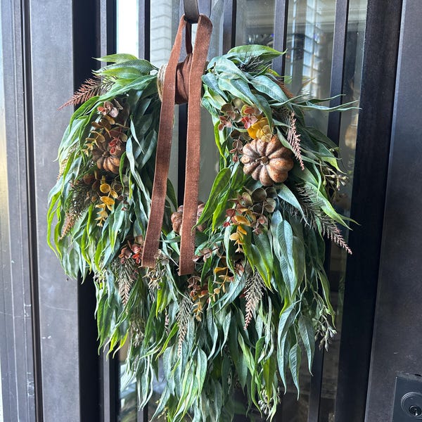 Burgundy Fall Foliage Wreath for Front Door, Moody Fall Wreath With ...