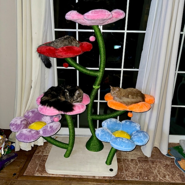 HEXAFLORA Wood Floral Cat Tree Tower, Wooden Cat Tower, Modern Cat ...