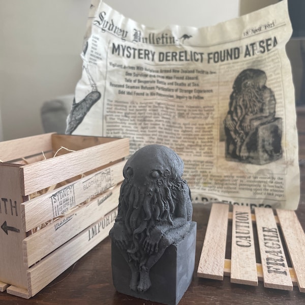 Cthulhu Stone Idol | Newspaper & Crate | Lovecraft Concrete Statue ...