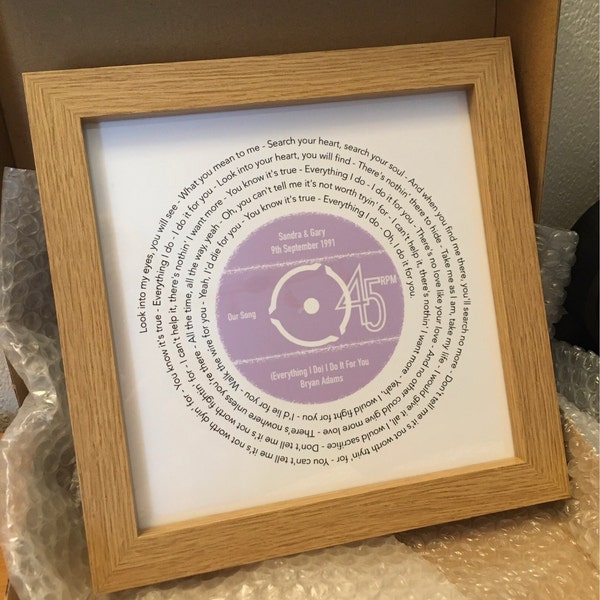 Framed Song Lyrics Gift, First Dance Keepsake, Personalised Record ...