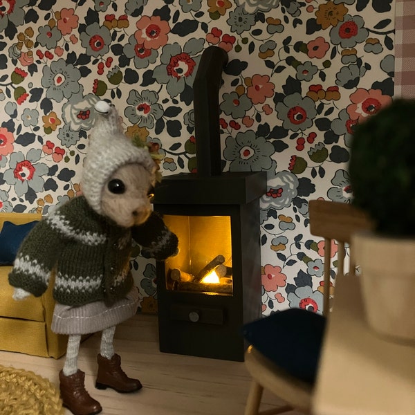 Dolls House Modern Dark Grey Square Log Fire With Light up Flame and ...