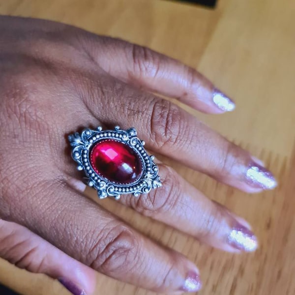 Victorian Gothic Ring - Ruby Red Ornate Silver Filigree Steampunk Ring ...