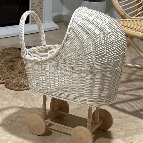 Natural Wicker Baby Carriage, Doll Stroller, Push Toy for Toddler Girls ...