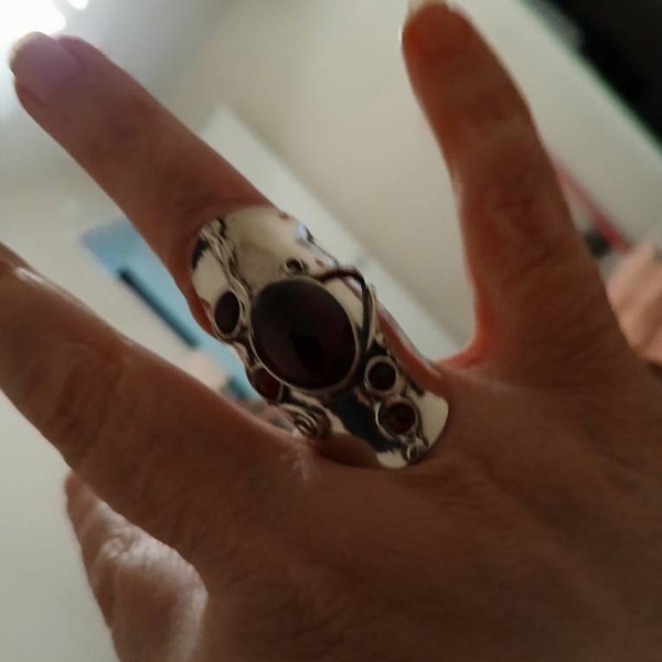 Silver Long Finger Ring , Large Gemstone Ring for Women Bohemian ...