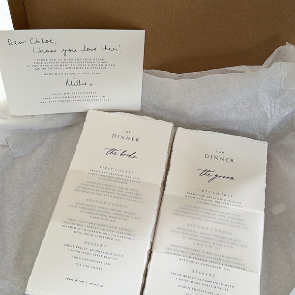 Bespoke Wedding Menu With Guest Names | Deckled Edge Handtorn Paper ...