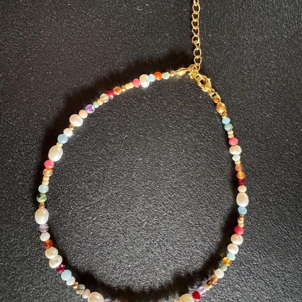 Bunte Perlenkette, Süßwasserperlenkette bunt, Handgemachte Perlenkette ...
