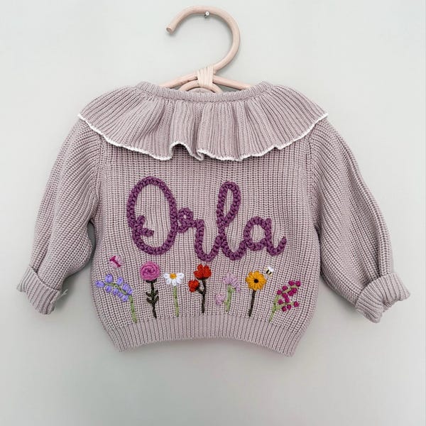 Personalised Baby Name Cardigan | Hand Embroidered Chunky Knit Frill ...