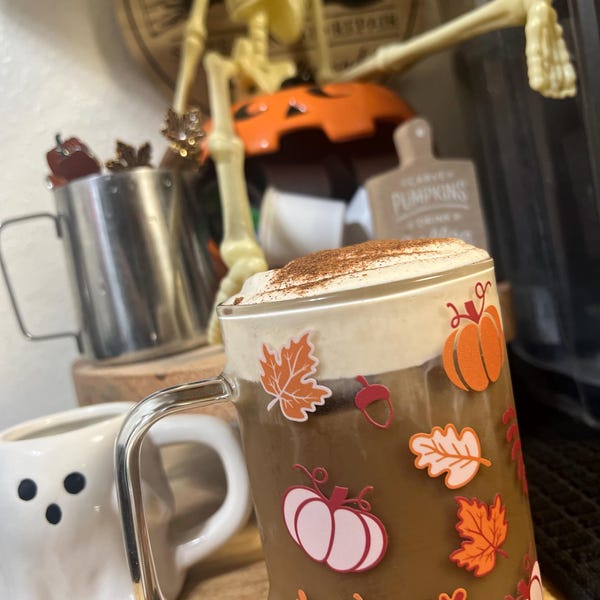 Cute Fall Iced Coffee Glass Cup, Pumpkin Iced Coffee Cup, Fall Glass ...