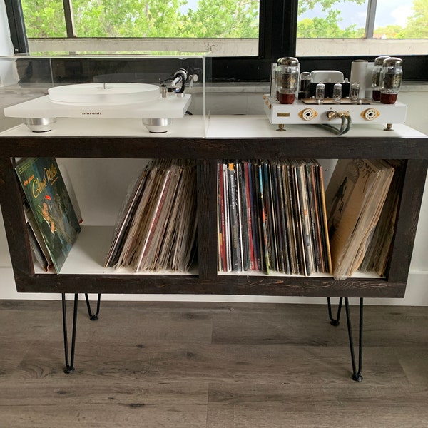 Mid Century Modern Record Player Stand & Vinyl Storage Cabinet With ...