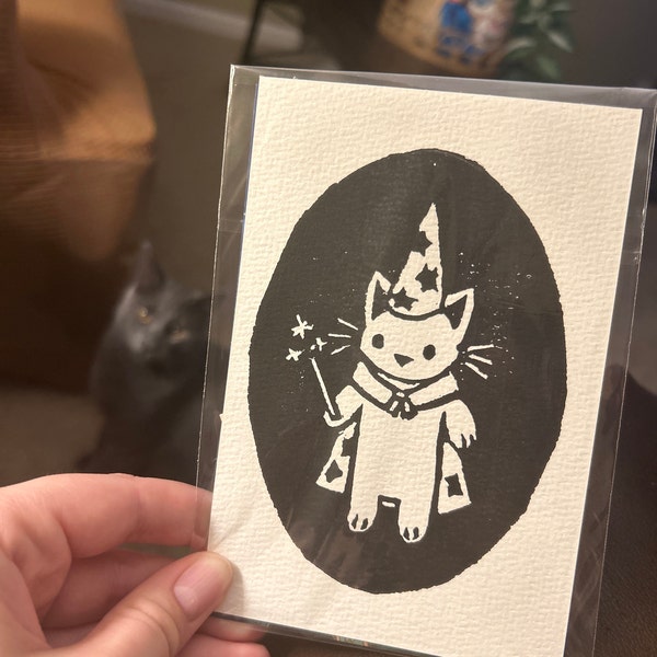 Magical Wizard Cat Linocut Block Print 4 X 6 Mini Print Printmaking ...