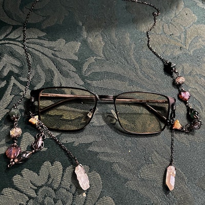 Dried Nature Gunmetal Eyeglass Chain Czech Crystal Moss Beads Dark ...