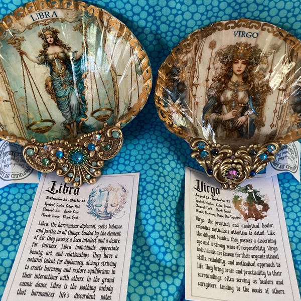 Libra Zodiac Decoupaged Shell Ring, Jewelry, Trinket Dish - Etsy