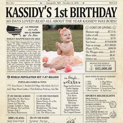 1st Birthday Newspaper Poster Sign, 1st Birthday Gift for Son or ...