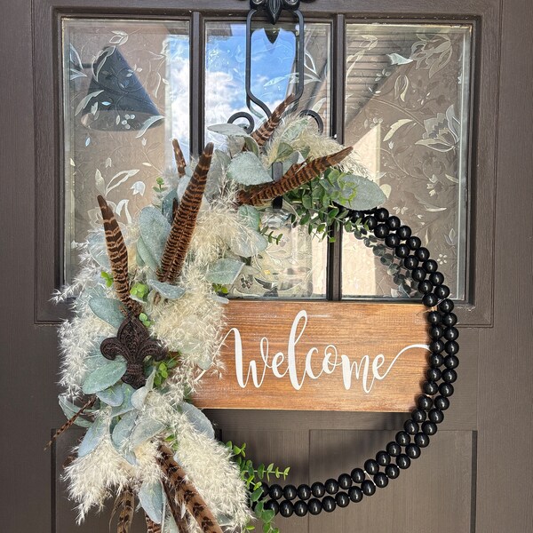 Double Wood Welcome Front Door Wreath/ Wood Bead Modern Wreath/beaded ...