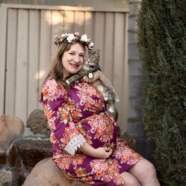 Purple Floral Posy Patterend Maternity Robe | Hospital Gown, Delivery ...