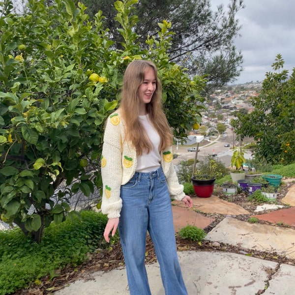 Lemon Slice Embroidery Woman Trendy Cardigan,cotton or Acrylic Oversize ...