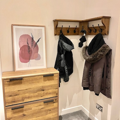 Solid Wood Hat&coat CORNER Rack With Shelf Rustic Look, Cast Iron Hooks ...