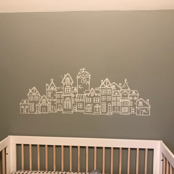 Scandinavian Style Cute Village Wall Decal - Hand Drawn Town Decal ...
