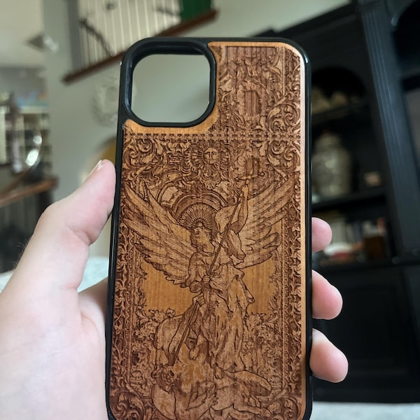 Saint Michael Archangel Fighting Demon Wood Phone Case – Laser Engraved ...